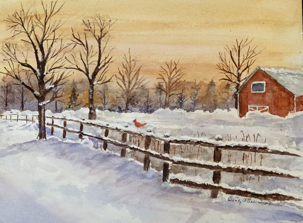 A Red Barn In Winter Watercolor » Dreamscape Jewelry Design